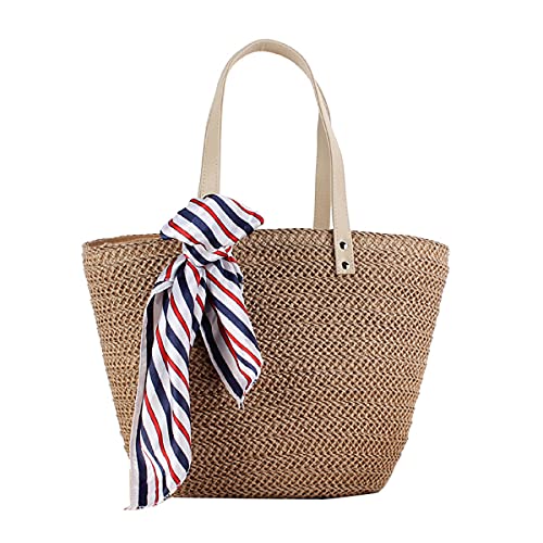 Women's summer beach handbag grass beach bag woven handbag large straw bag with leather handle (10 brown,One Size)