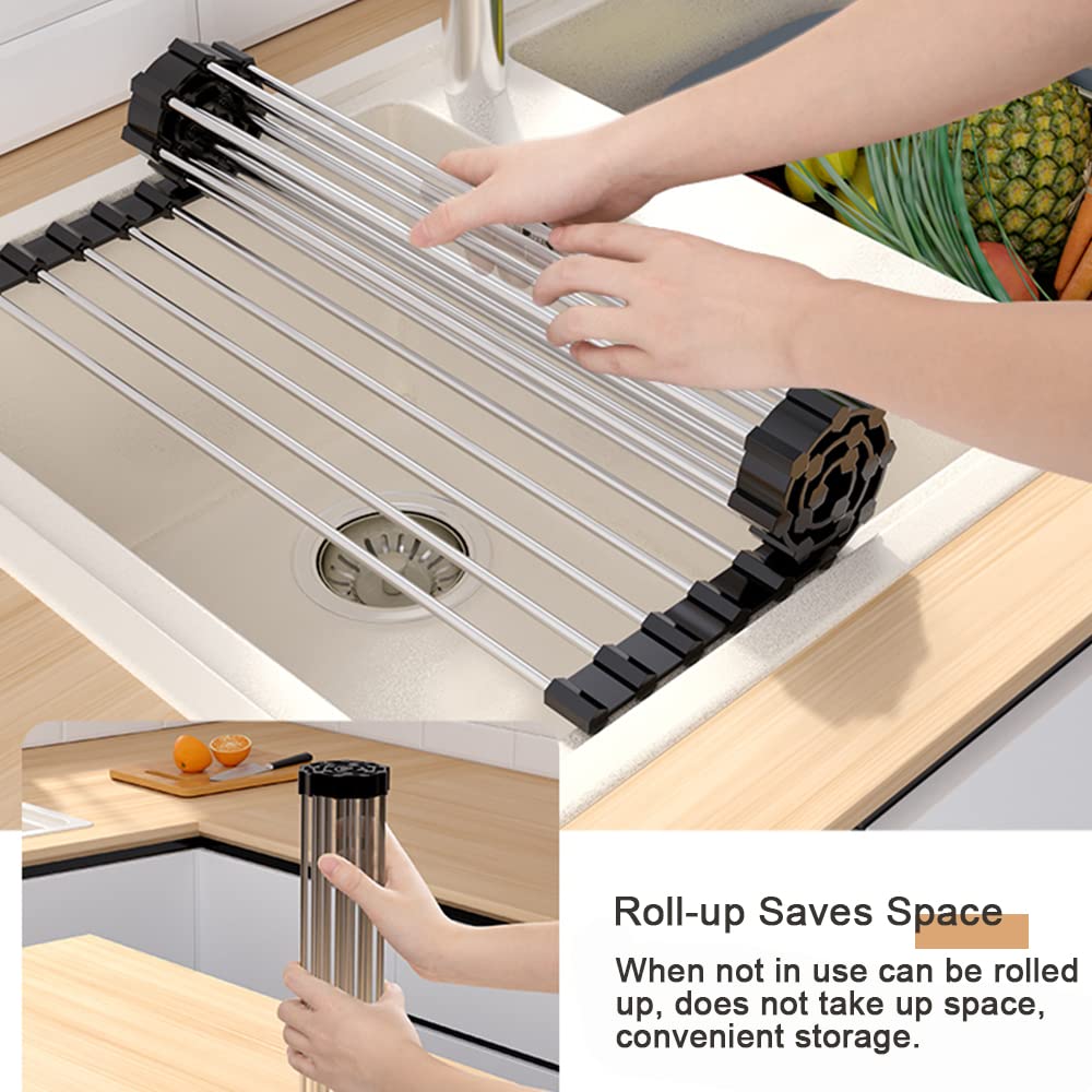 TILB Roll Up Dish Drying Rack Over The Sink Dish Drying Rack, Portable Stainless Steel Rolling Rack for Kitchen Sink, Foldable Drain Rack Easy to Clean and Sturdiness