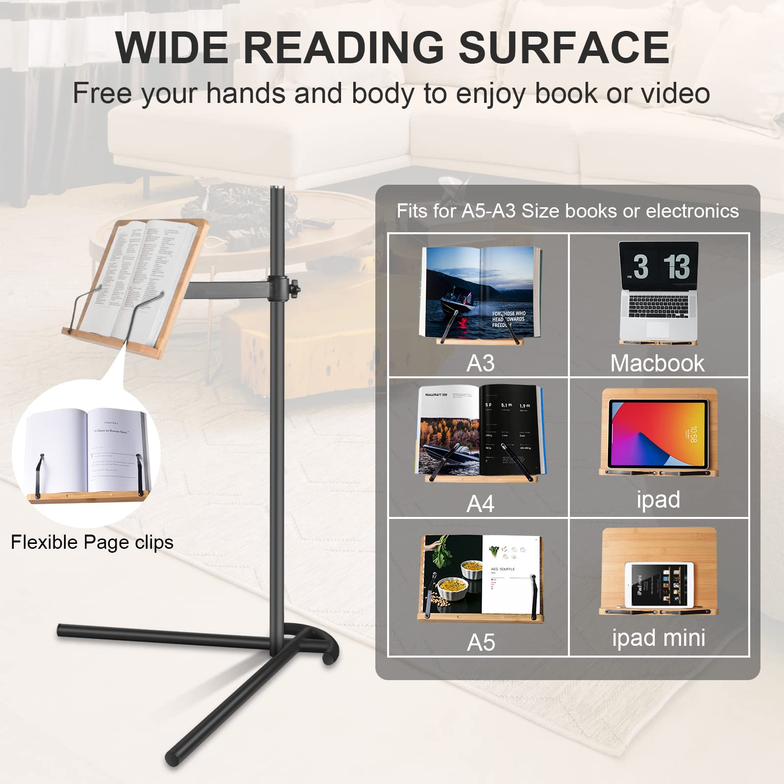 Laptop Stand for Couch, wishacc Height Adjustable Laptop Tray Tablet Book Stand for Reading in Bed, Compatible with Ipad Pro 12.9 Inch, Surface Laptop, Ipad Air, Ipad Mini,MacBook Pro/Air