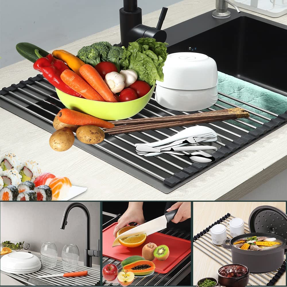 TILB Roll Up Dish Drying Rack Over The Sink Dish Drying Rack, Portable Stainless Steel Rolling Rack for Kitchen Sink, Foldable Drain Rack Easy to Clean and Sturdiness
