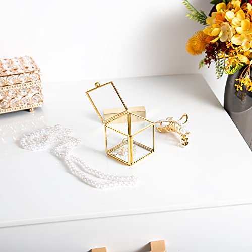 Feyarl Tiny Clear Glass Jewelry Trinket Box Ornate Rings Earrings Shadow Box Treasure Chest Organizer Decorative Keepsake Case with Lid for Wedding Birthday Gift (Gold)