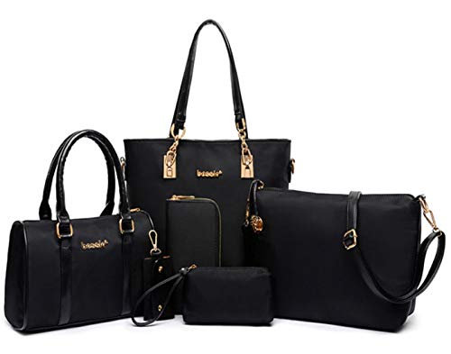 RainboSee Women Handbag and Purse 6Pcs Tote Satchel Top Handle Crossbody Shoulder Bag Clutch Wallet Key Case Black