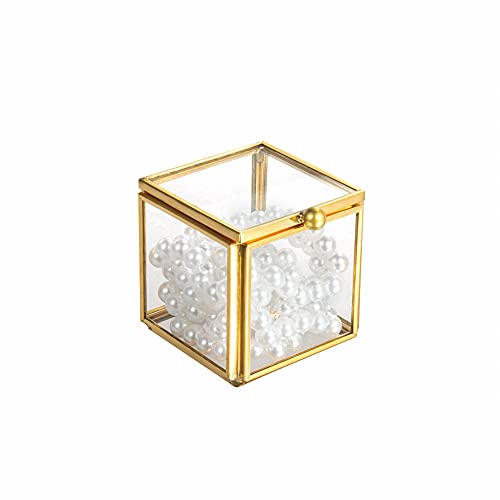 Feyarl Tiny Clear Glass Jewelry Trinket Box Ornate Rings Earrings Shadow Box Treasure Chest Organizer Decorative Keepsake Case with Lid for Wedding Birthday Gift (Gold)