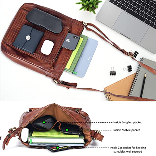 Crossbody Bags For Women-Real Handmade Leather Vintage Adjustable Shoulder Sling Bags Cognac Medium