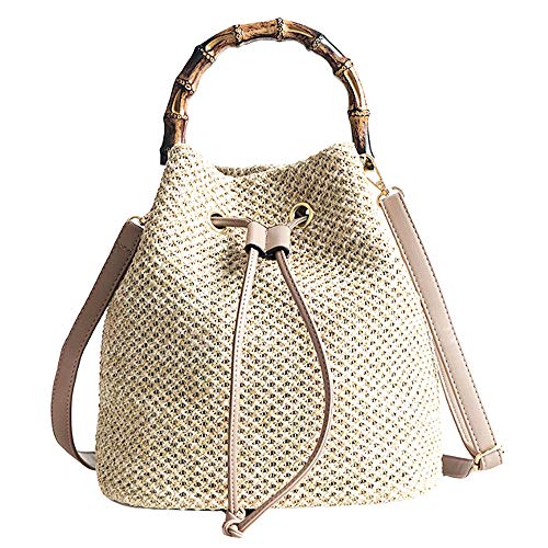 Women's Bucket Drawstring Handbag Straw Shoulder Bag Bamboo Tote Crossbody Bag Beach Bag