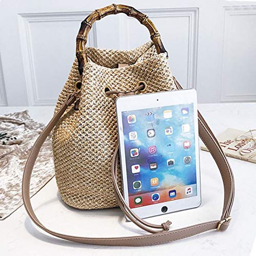 Women's Bucket Drawstring Handbag Straw Shoulder Bag Bamboo Tote Crossbody Bag Beach Bag