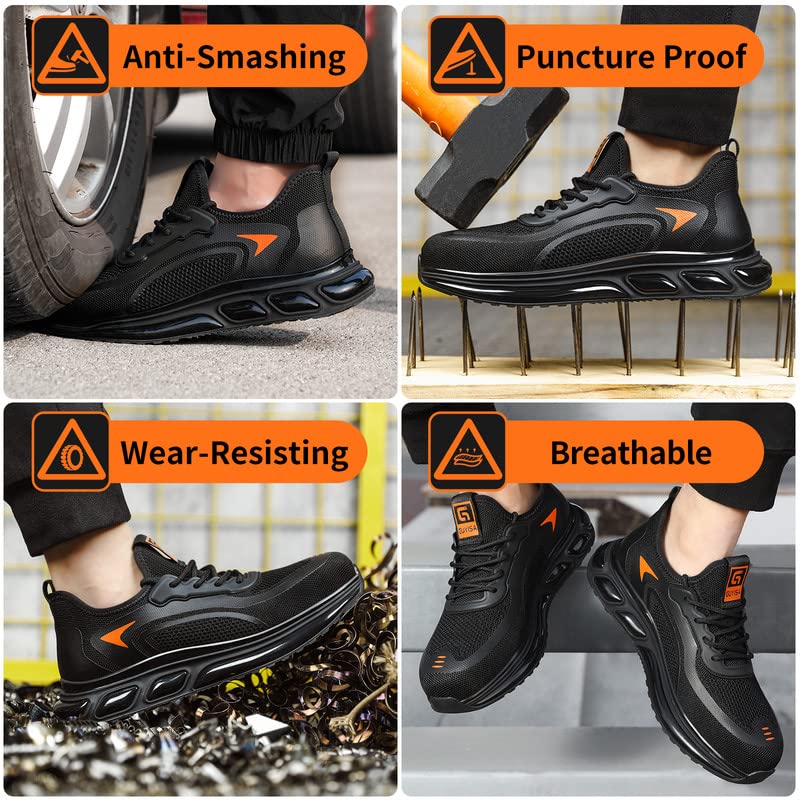 Steel Toe Shoes for Men Comfortable Lightweight Indestructible Work Sneakers for Men Puncture Proof Slip On Safety Shoes for Industrial,Coustruction Black