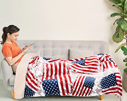 US Flag Patriotic Sherpa Throw American Flag Blanket, Super Cozy Fleece Plush Bed Throw TV Blankets Reversible for Bed or Couch 50" x 70" | USA Flag