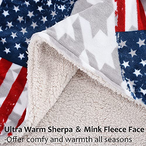 US Flag Patriotic Sherpa Throw American Flag Blanket, Super Cozy Fleece Plush Bed Throw TV Blankets Reversible for Bed or Couch 50" x 70" | USA Flag