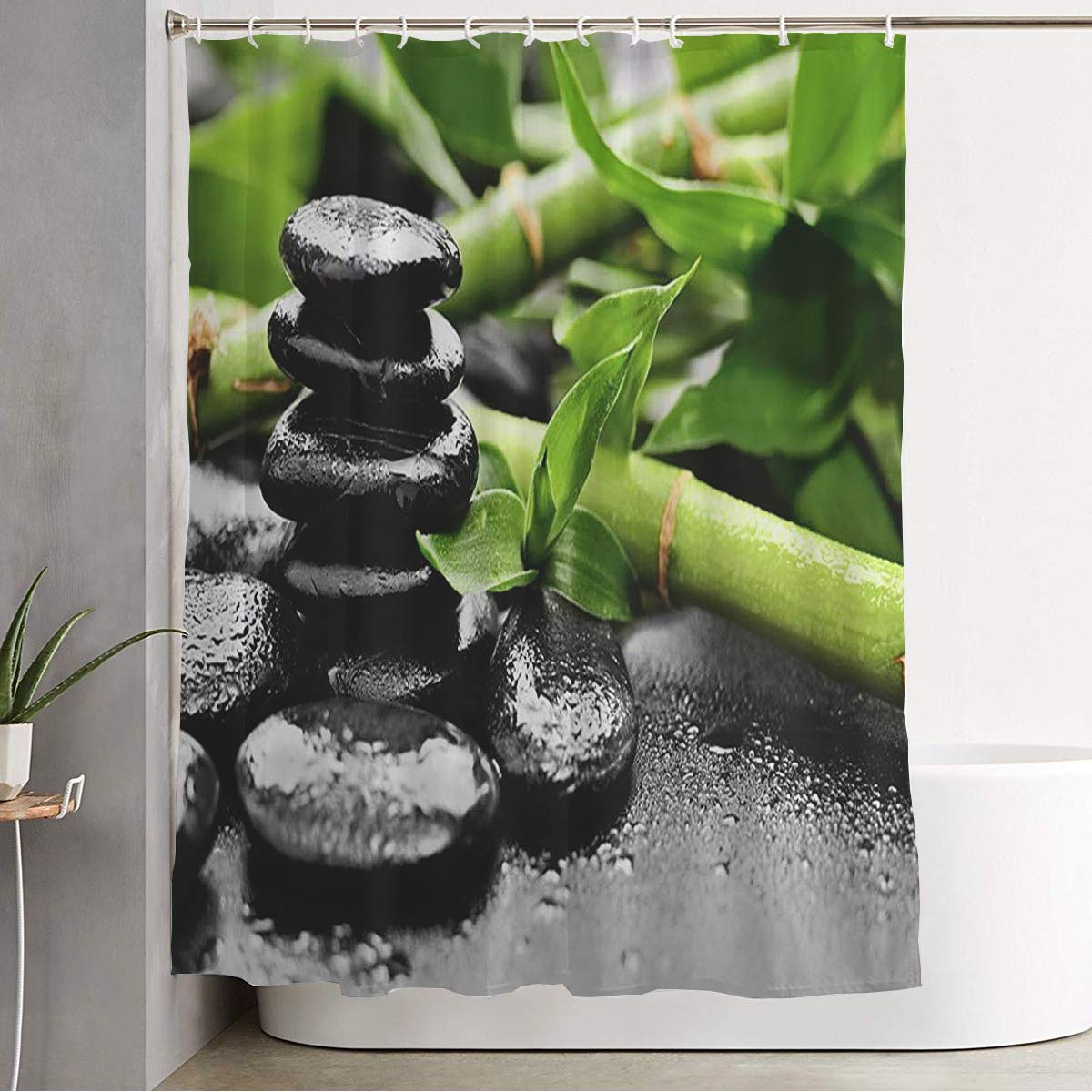 Shower Curtain Water Proof Zen Water with Life Rock Basalt Care Asian Stones Bamboo Dew Nature Healthcare Spa Medical Heap Cloth Fabric Bathroom Decor Set with Hooks 60" x 72"