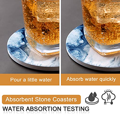 Onntec Blue Coasters for Drinks Marble Style,Absorbent Ceramic Coaster with Metal Holder Stand,House Warming Gifts Decor Set of 6 with Cork Base for Wooden Table
