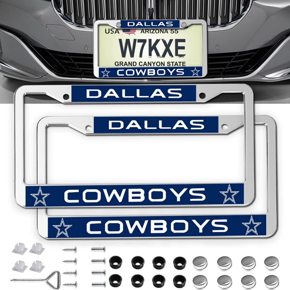 2Pcs License Plate Frame for Cowboys, Aluminum Alloy Car License Plate Bracket Covers Universal Licenses Frame Tag with Screw Caps,Rust-Proof,Rattle-Proof,Weather-Proof, (BT55)