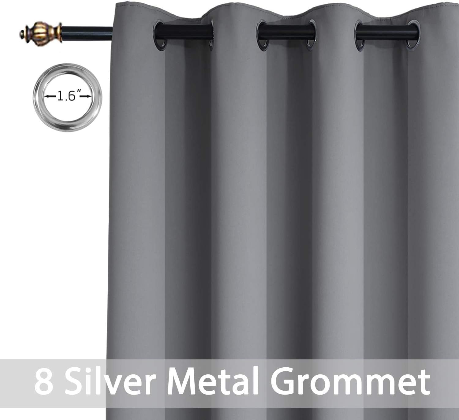 Yakamok Room Darkening Gray Blackout Curtains Thermal Insulated Grommet Curtain Panels for Bedroom, 52W x 84L, Grey, 2 Panels, 2 Tie Backs Included