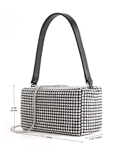 NOGUTU Silver Rhinestone Purse Rhinestone Crossbody Purse for Women Clutch Purse Evening Chain for Party Wedding