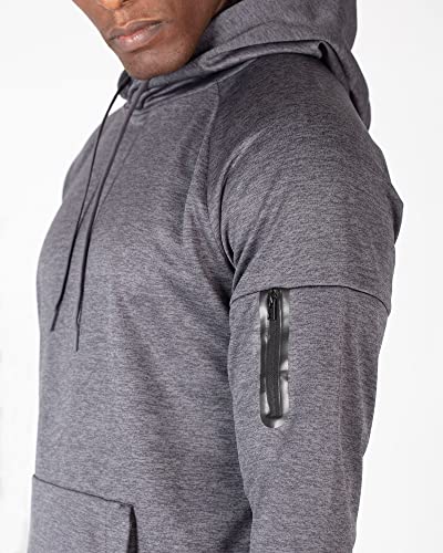 Layer 8 Men's Hoodie Performance Light Weight Tech Fleece Pullover Training Workout Athletic Sweatshirt Hooded Fitness Top (Medium Basalt Hthr)