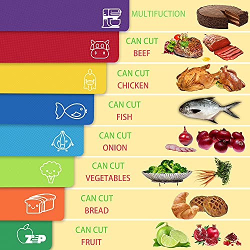 ZVP Flexible Plastic Cutting Board Mats Set of 8, Colorful Chopping Boards with Food Icon for Kitchen, BPA Free, Non-Slip Back, Dishwasher Safe, Non Porous