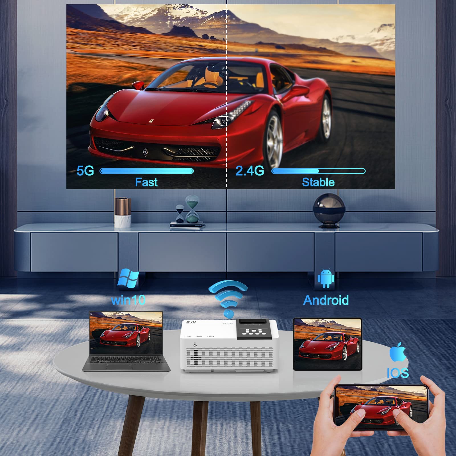 Projector with 5G WiFi and Bluetooth,2023 Upgrade 9000Lumens Full HD 1080P Supported Portable Projector,5.1 Bluetooth Mini Outdoor Movie Projector Compatible with HDMI,USB,AV,Laptop and Smartphone