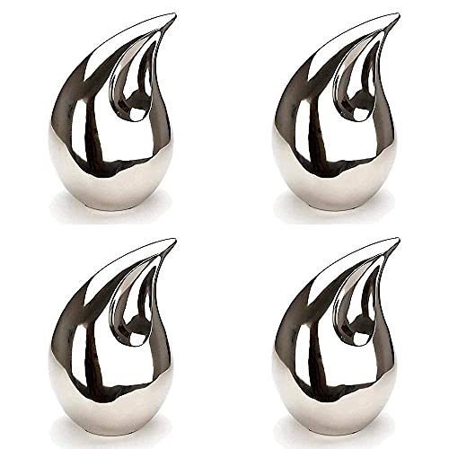 Beautiful Unique Teardrop Small Urns for Human Ashes Adult Male Female Set of 4 Decorative Cremation Keepsakes Mini Funeral Family Sharing Urns for Token Ashes with Velvet Bags Silver 3 Inch Size