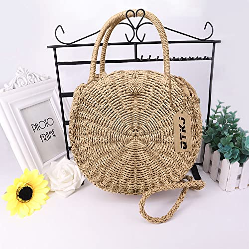 QTKJ Mini Beach Round Rattan Straw Bag, Summer Hand Woven Bali Straw Tote Crossbody Handbag for Womens, Round Handle Beach Handbags (Khaki)