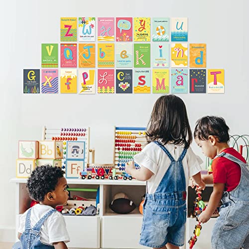 LHIUEM Abc's of God Scripture Wall Collage Kit, Bible Verse Wall Art,Set of 27 (4 X 6 Inch) Alphabet Scripture Cards,Inspirational Poster, Christian Kids Wall Kit for Classroom Playroom Wall Decor