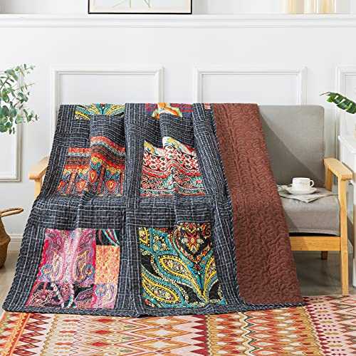 Travan Real Patchwork Quilted Throw Blanket Retro Cotton Blanket for Bed Couch Sofa (Lush Style, Throw Blanket), 60 x 78Inch