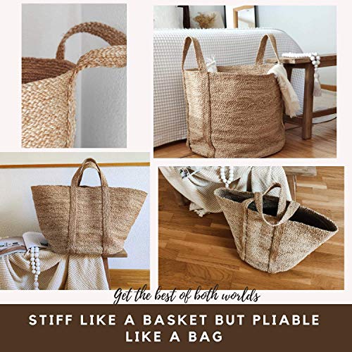 GooBloo Large Woven Storage Basket 100% Jute - 20” x 16” Tall Decorative Jute Rope Basket for Living Room, Toys or Blankets - Wicker Baskets with Handles - Handmade Natural Laundry Hamper