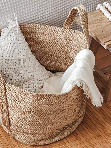 GooBloo Large Woven Storage Basket 100% Jute - 20” x 16” Tall Decorative Jute Rope Basket for Living Room, Toys or Blankets - Wicker Baskets with Handles - Handmade Natural Laundry Hamper