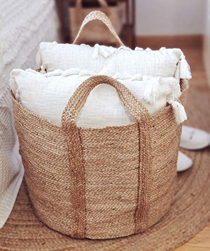 GooBloo Large Woven Storage Basket 100% Jute - 20” x 16” Tall Decorative Jute Rope Basket for Living Room, Toys or Blankets - Wicker Baskets with Handles - Handmade Natural Laundry Hamper