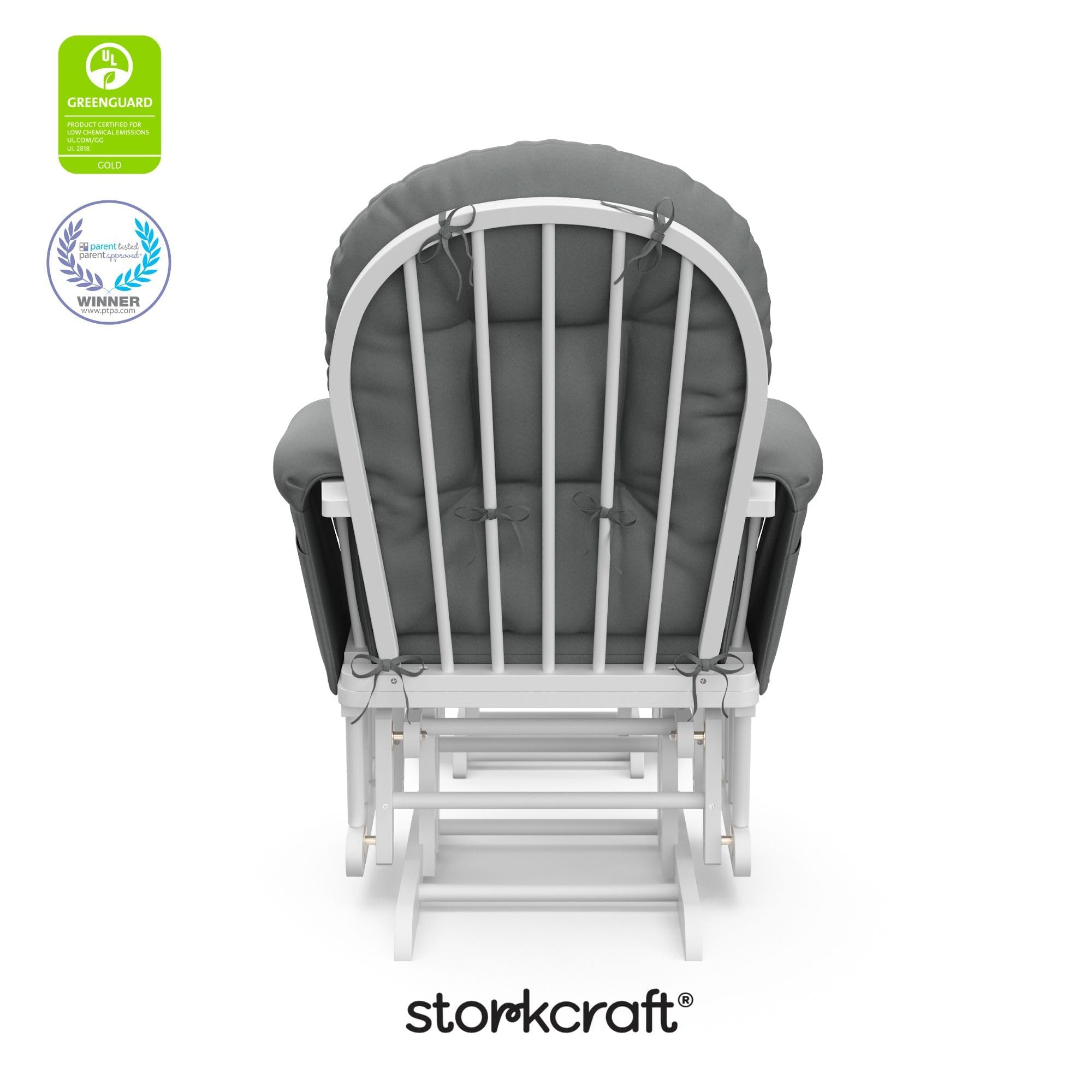 Storkcraft Premium Hoop Glider and Ottoman (White Base, Gray Cushion) – Padded Cushions with Storage Pocket, Smooth Rocking Motion, Easy to Assemble, Solid Hardwood Base