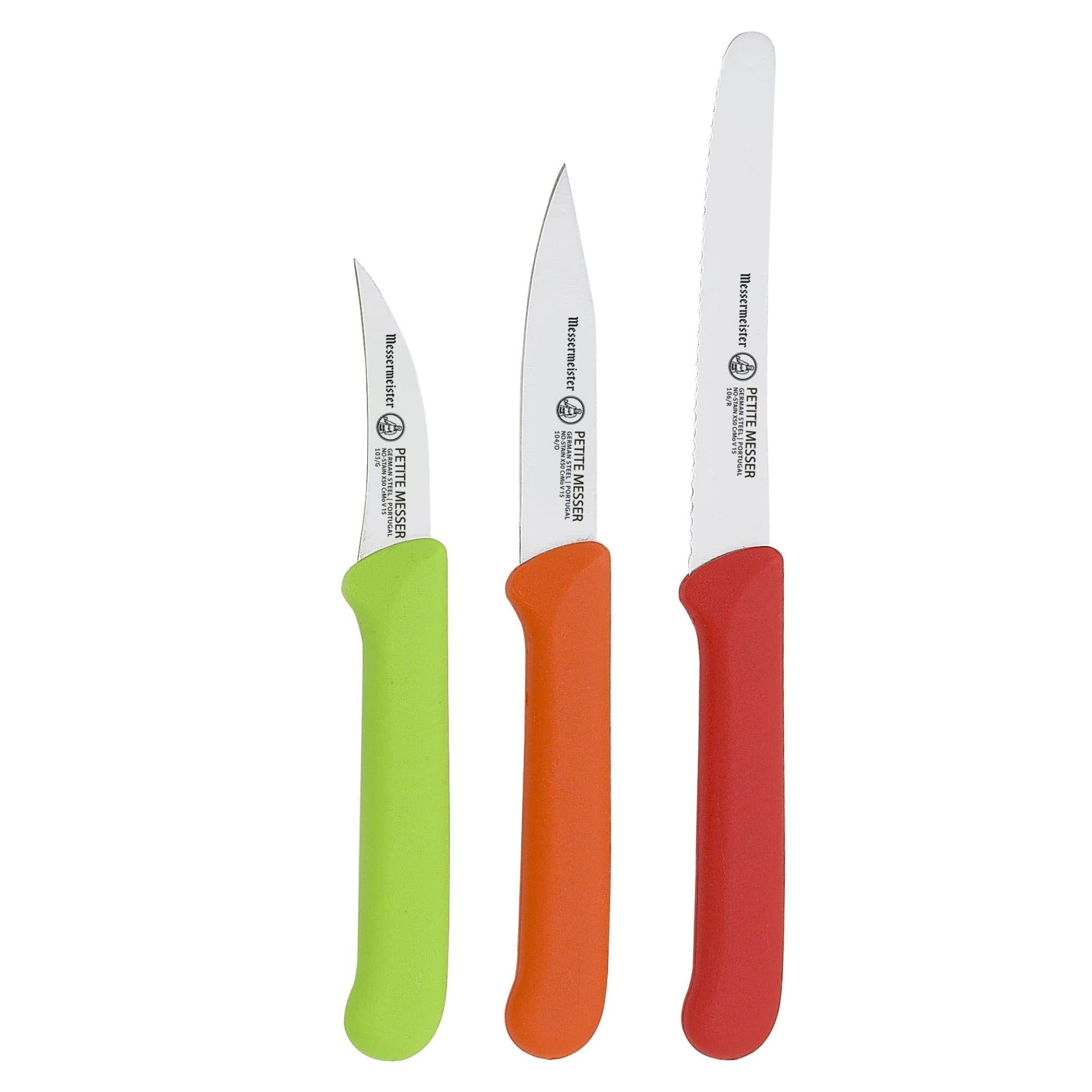 Messermeister Petite Messer Parer Trio Set with Matching Sheath, Blue - Includes 2.5” Bird's Beak Parer, 3” Clip Point Parer & 4.5” Serrated Tomato Knife - Lightweight & Rust Resistant