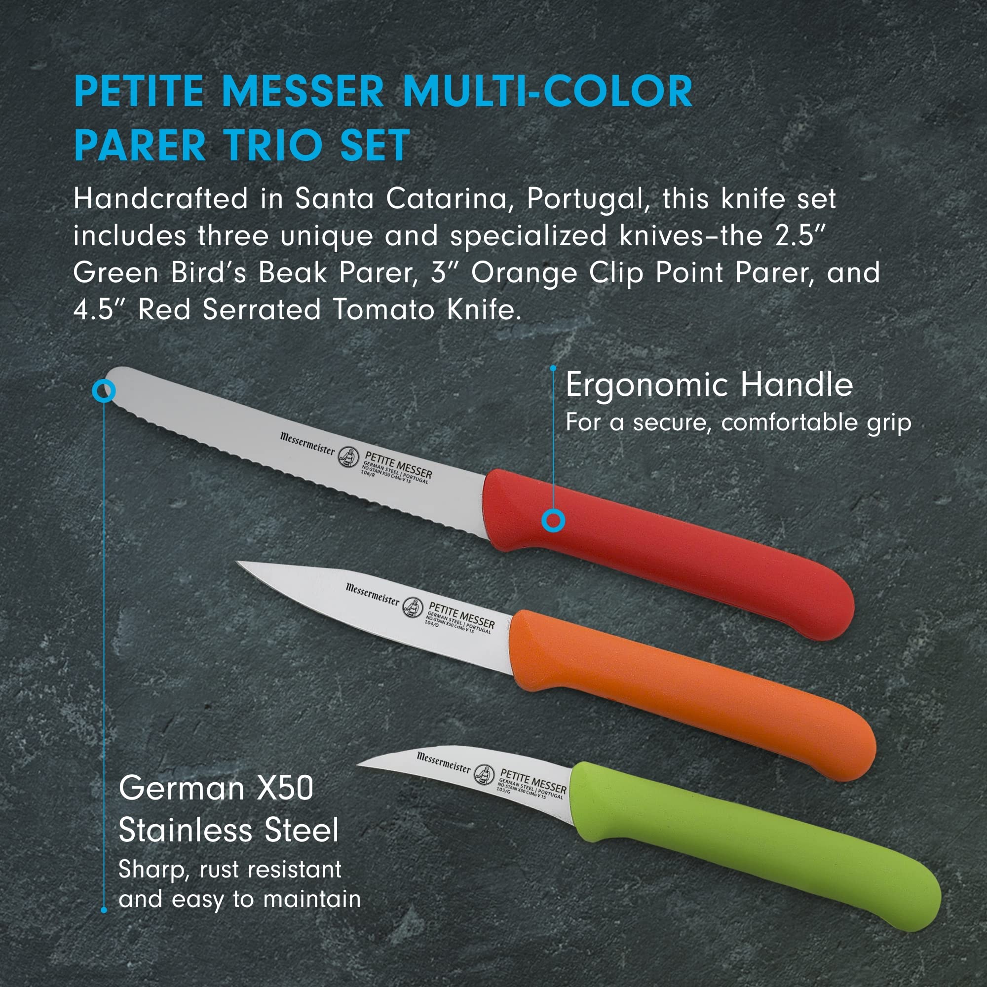 Messermeister Petite Messer Parer Trio Set with Matching Sheath, Blue - Includes 2.5” Bird's Beak Parer, 3” Clip Point Parer & 4.5” Serrated Tomato Knife - Lightweight & Rust Resistant