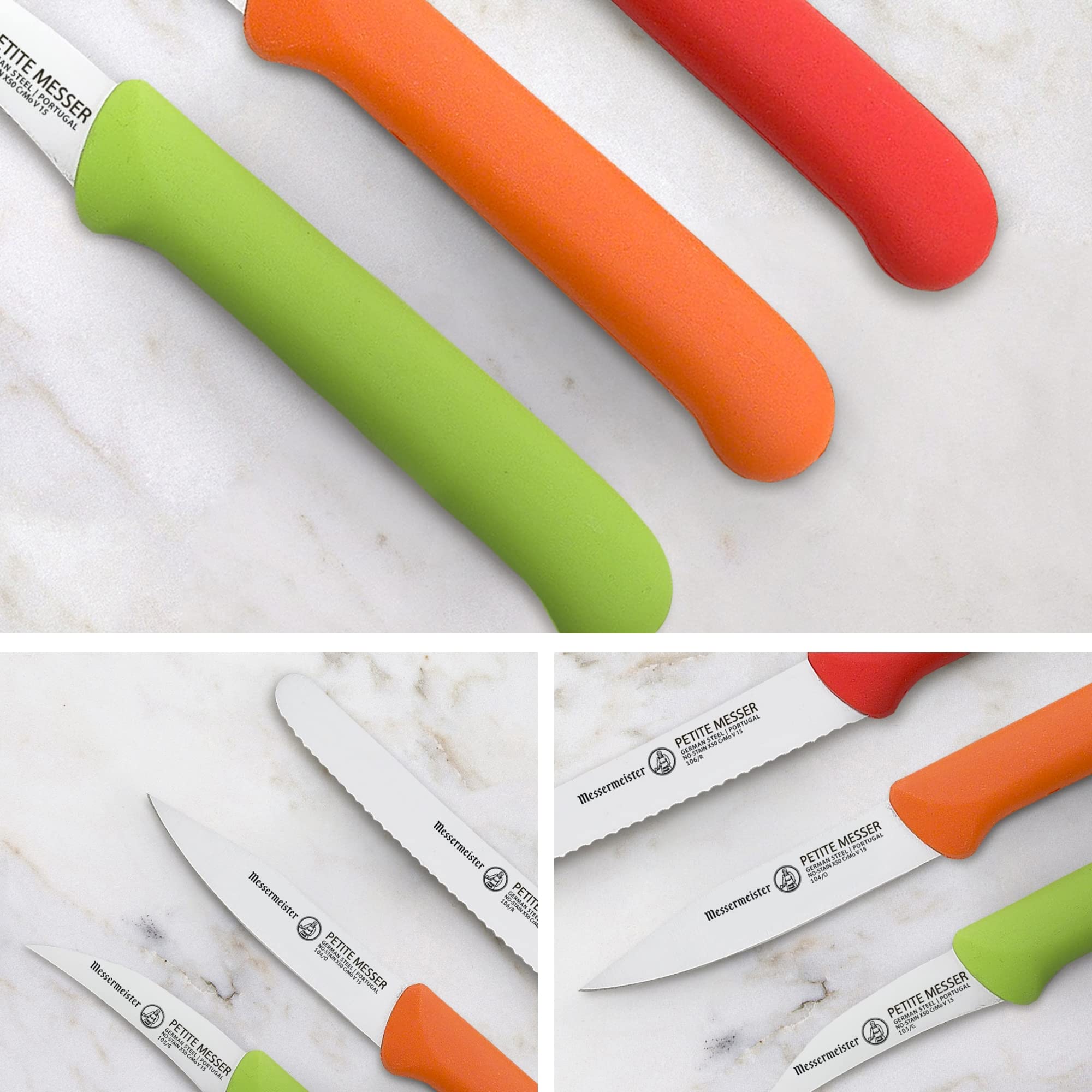 Messermeister Petite Messer Parer Trio Set with Matching Sheath, Blue - Includes 2.5” Bird's Beak Parer, 3” Clip Point Parer & 4.5” Serrated Tomato Knife - Lightweight & Rust Resistant