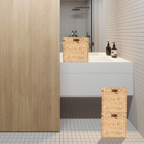 VK Living Foldable Handwoven Water Hyacinth Storage Baskets Wicker Cube Baskets Rectangular Laundry Organizer Totes for Bedroom, Living Room,Nursery Room, Shelves, Pantry 4 Pack 11.8x11.8x11.8inch