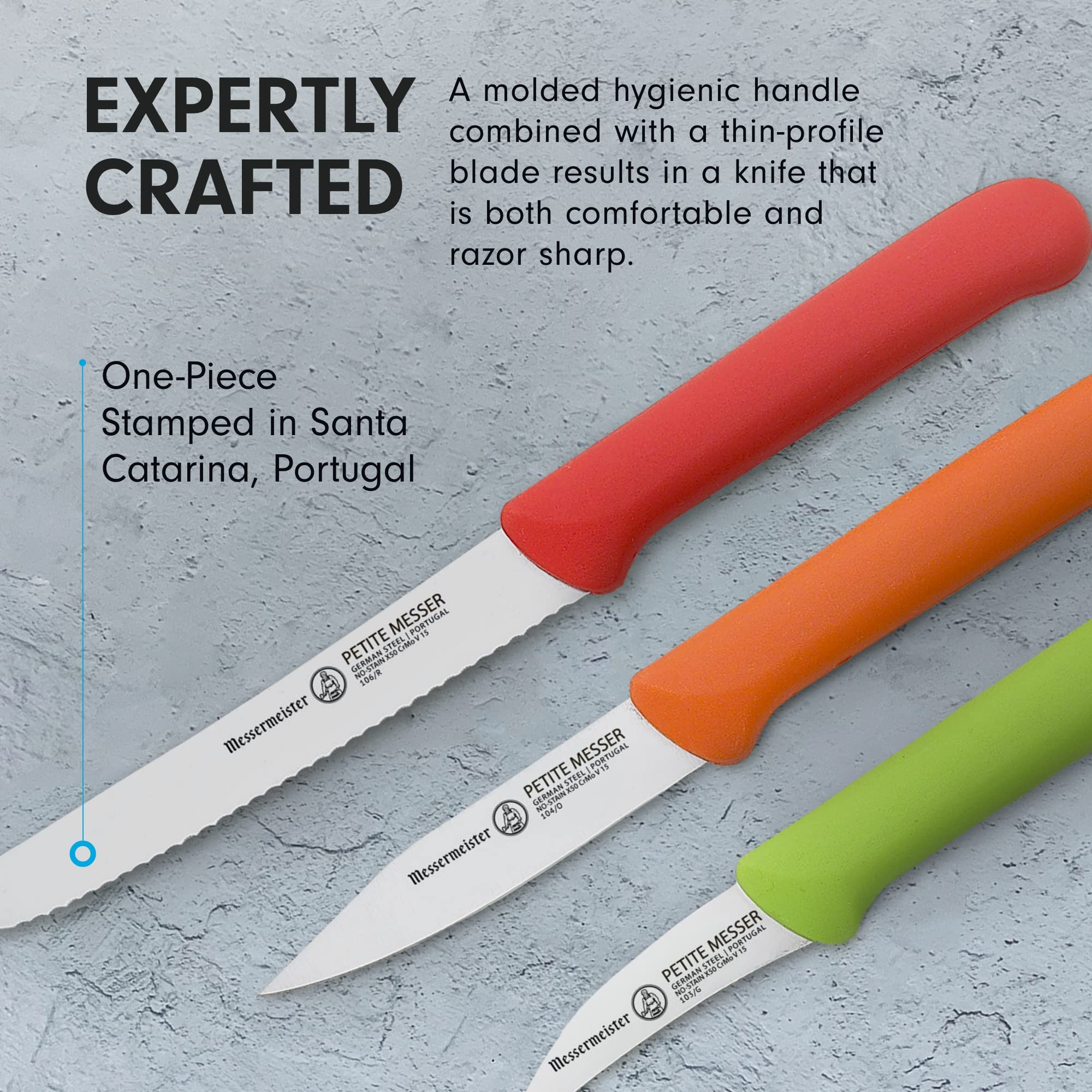 Messermeister Petite Messer Parer Trio Set with Matching Sheath, Blue - Includes 2.5” Bird's Beak Parer, 3” Clip Point Parer & 4.5” Serrated Tomato Knife - Lightweight & Rust Resistant