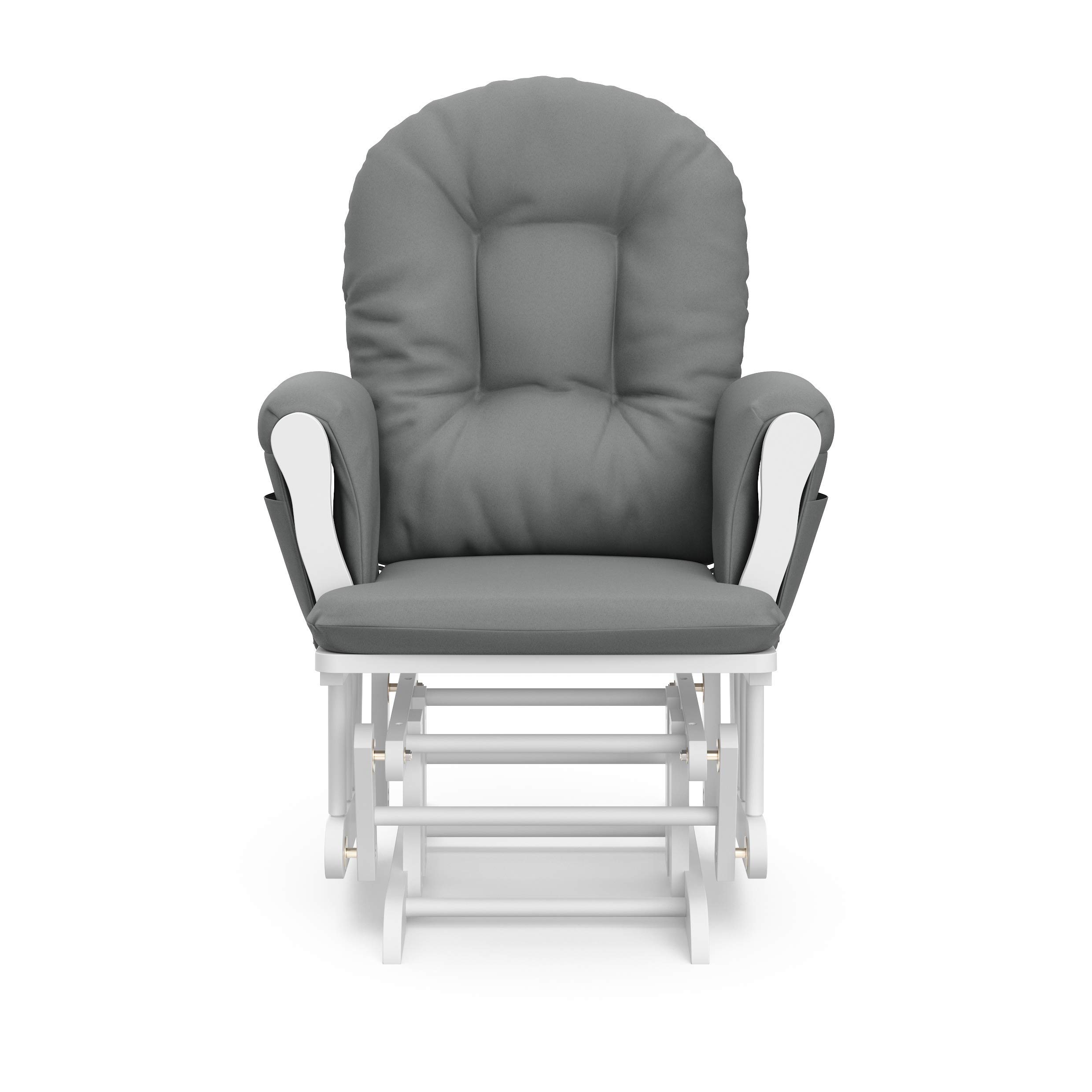 Storkcraft Premium Hoop Glider and Ottoman (White Base, Gray Cushion) – Padded Cushions with Storage Pocket, Smooth Rocking Motion, Easy to Assemble, Solid Hardwood Base