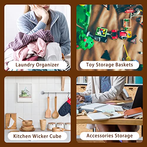 VK Living Foldable Handwoven Water Hyacinth Storage Baskets Wicker Cube Baskets Rectangular Laundry Organizer Totes for Bedroom, Living Room,Nursery Room, Shelves, Pantry 4 Pack 11.8x11.8x11.8inch