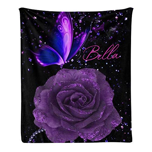 CUXWEOT Custom Blanket Personalized Purple Butterfly Rose Soft Fleece Throw Blanket with Name for Gifts Sofa Bed (50 X 60 inches)