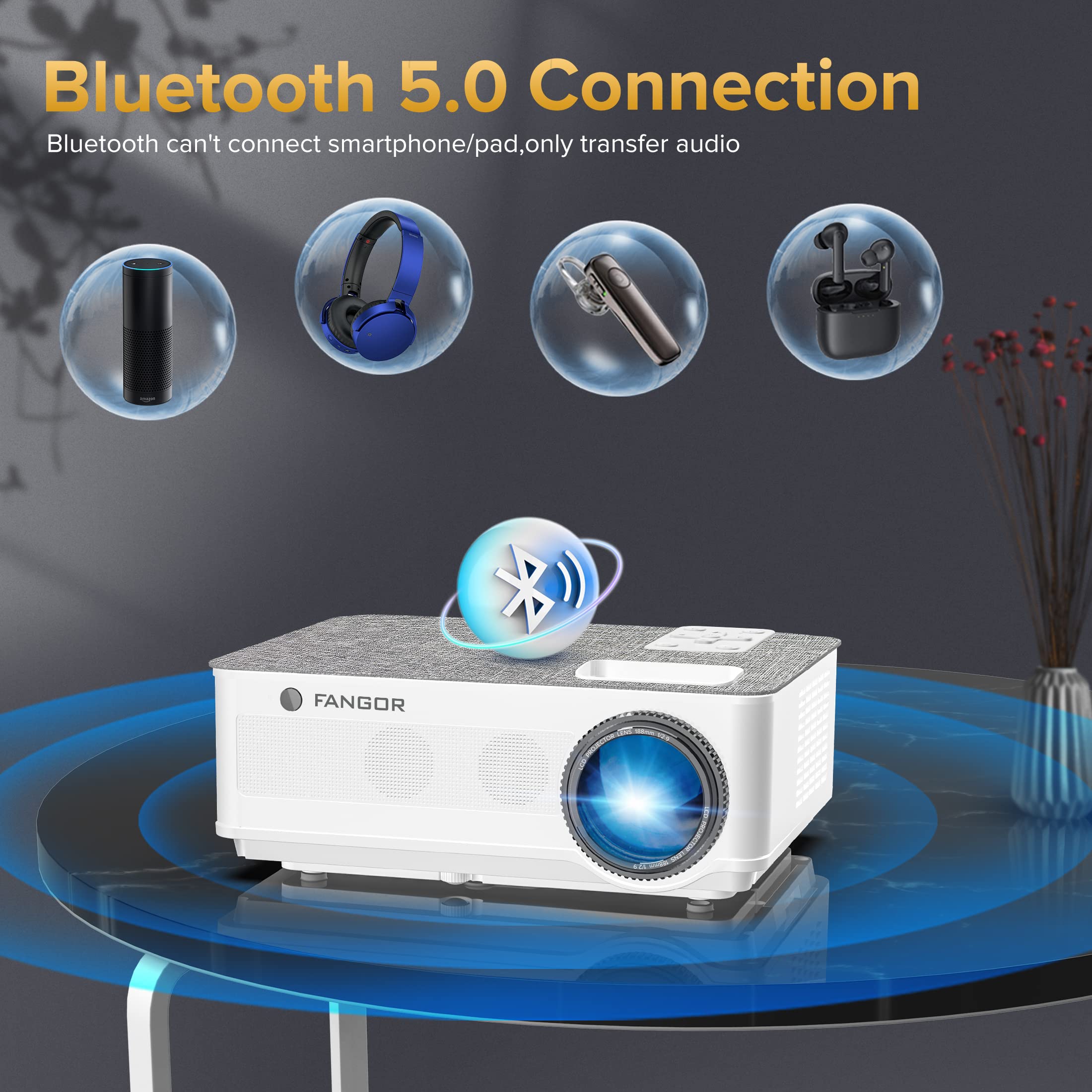 Native 1080P Projector 5G WiFi and Bluetooth, FANGOR 350 ANSI Outdoor Projector 4K Support, Home Movie Projector Compatible with TV, PC, HDMI, USB, VGA, iOS/Android[120''Screen Included]
