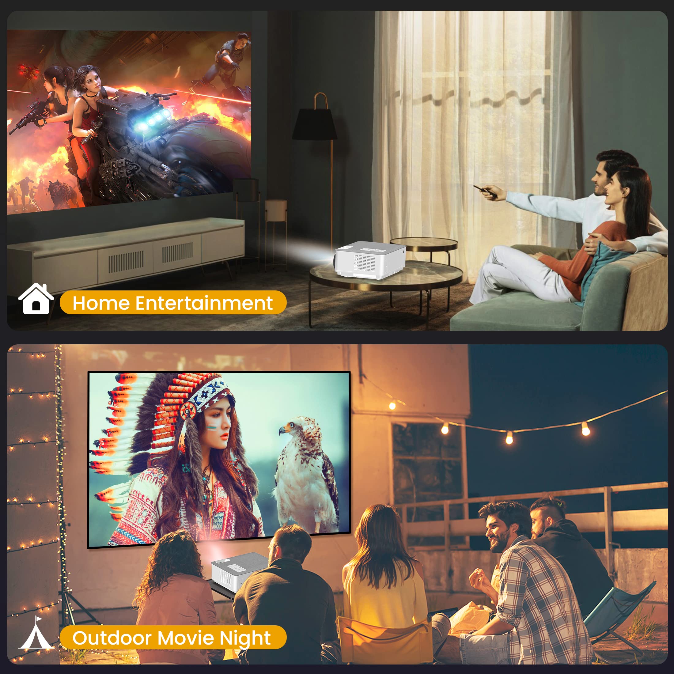 Native 1080P Projector 5G WiFi and Bluetooth, FANGOR 350 ANSI Outdoor Projector 4K Support, Home Movie Projector Compatible with TV, PC, HDMI, USB, VGA, iOS/Android[120''Screen Included]