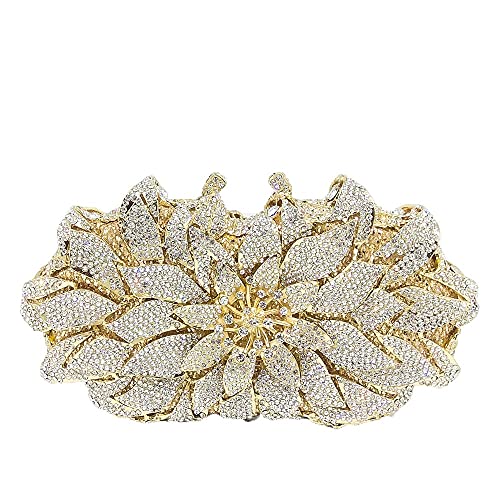 Boutique De FGG Elegant Flower Clutch Evening Bags for Women Wedding Party Crystal Purse and Handbags (Small,Gold&Silver)