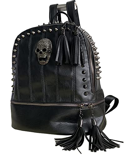Women Skull Backpack Rivet Studded Fashion Daypack Gothic Purse Tassel Zipper (Slivet Round Rivet)