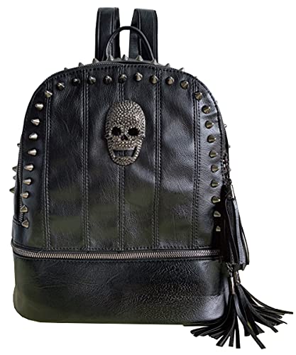 Women Skull Backpack Rivet Studded Fashion Daypack Gothic Purse Tassel Zipper (Slivet Round Rivet)