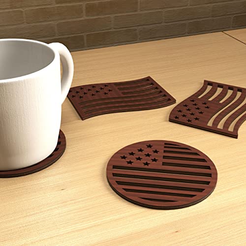 Independence Day Wood Coasters Set - This USA Gift Include 4pcs Carved American Flag Wooden Coasters for Drinks - Great Patriotic Home Decorations