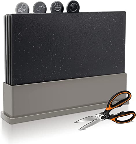 MASTERTOP Cutting Board Set for Kitchen Holder - Index Plastic Chopping Board Set of 4, BPA Free, No Slip, Dishwasher Safe, Thicker Cutting Boards With Draining Rack Organizer, 1 Pair of Scissors