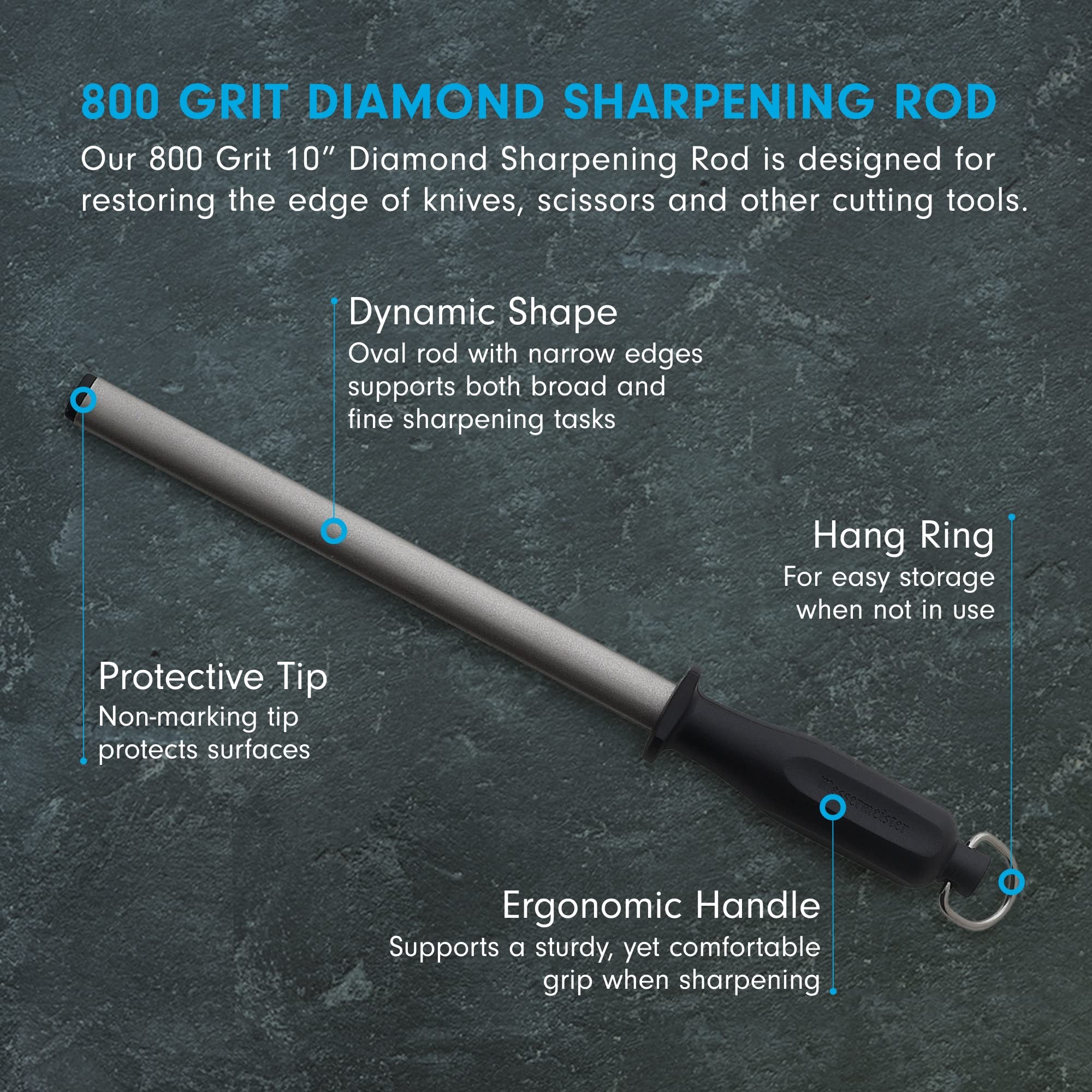 Messermeister 10” Diamond Oval Sharpening Rod - Knife Sharpener - Fast-Cutting 800 Grit Diamond Abrasive - Ergonomic Handle & Non-Marking Tip