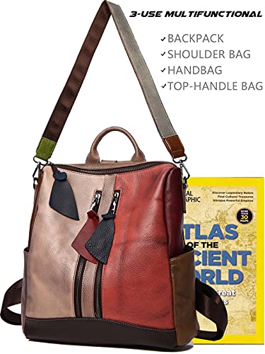 Segater Multicoloured Backpack Fashion Genuine Leather 2 Ways Convertible Shoulder Bag Vintage Patchwork Handbag Travel Satchel Rucksack