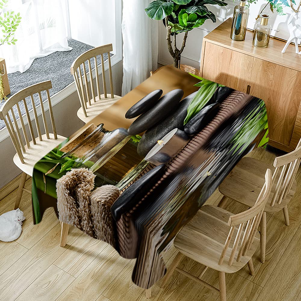 WONDERTIFY Zen Tablecloth Basalt Stones Spa Oil Wood Green Bamboo Black Pebble Rectangle Stain Resistant, Spillproof and Washable Table Cloth 60 X 90 Inch