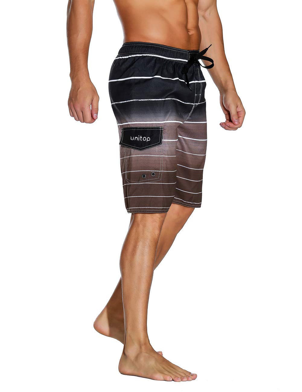 unitop Men's Colortful Striped Swim Trunks House Beach Board Shorts with Lining Coffee-30