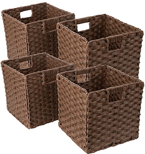 Foldable Synthetic Plastic Wicker Storage Basket with Iron Wire Frame By Blue Ridge Basket Company(Set of 4)