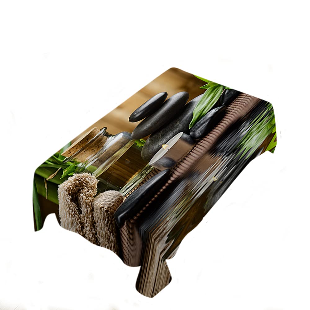 WONDERTIFY Zen Tablecloth Basalt Stones Spa Oil Wood Green Bamboo Black Pebble Rectangle Stain Resistant, Spillproof and Washable Table Cloth 60 X 90 Inch